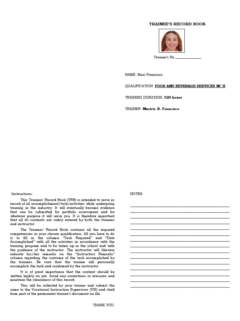 Trainee Record Book for F&B Services | PDF | Tableware | Foods