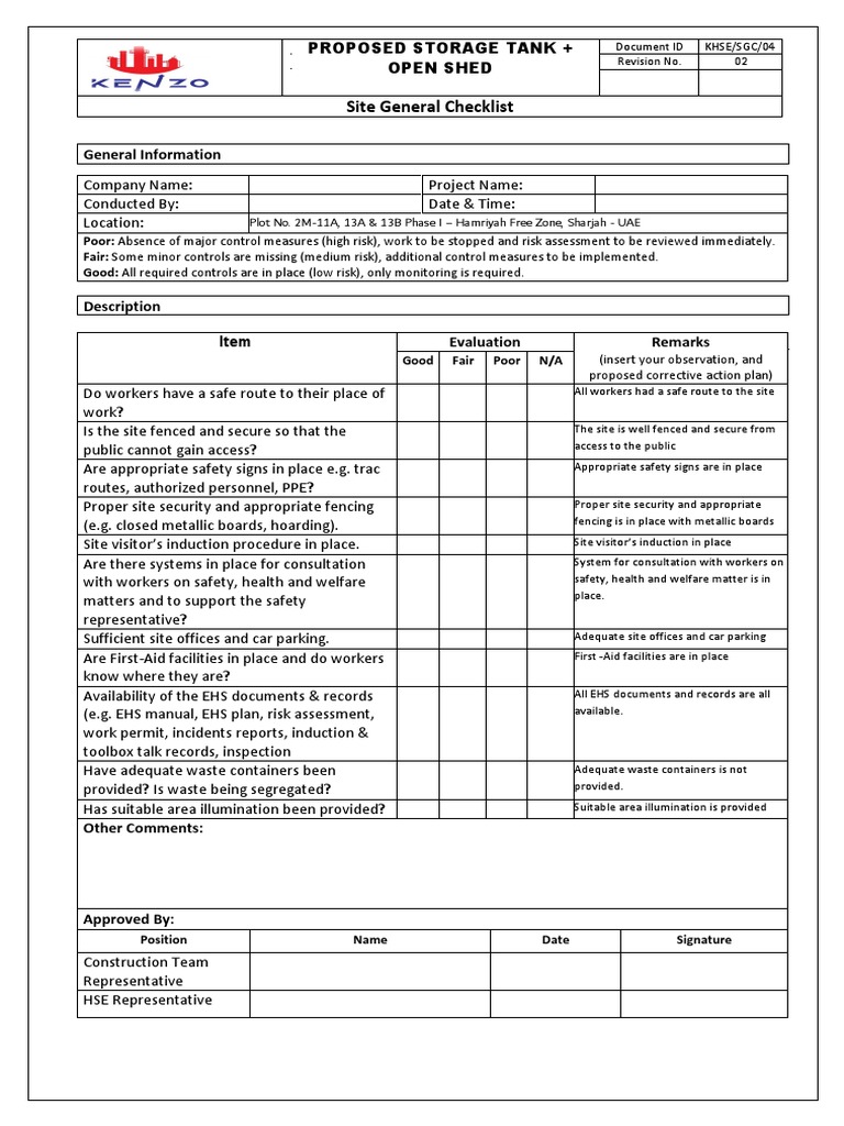 OHSE-CL-18 Site General Checklist | PDF | Occupational Safety And ...