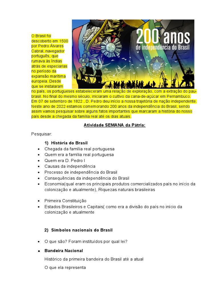 Atividade SEMANA Da Pátria | PDF | Política | Turismo