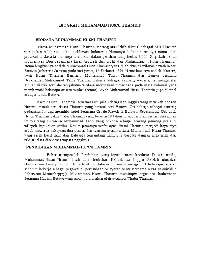 Biografi Singkat Muhammad Husni Thamrin | PDF