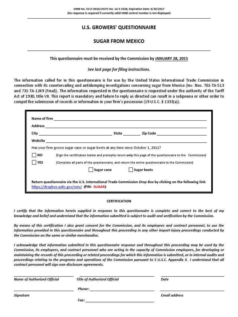 Sugar (F) US Grower Questionnaire | PDF | Sucrose | Expense