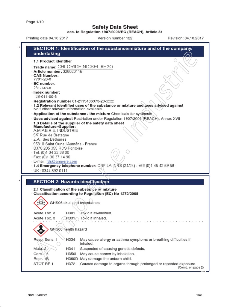 MSDS Cloruro de Niquel - MSDS (En 10.04.17) - Anders Peru S.A.C. | Download Free PDF | Density ...