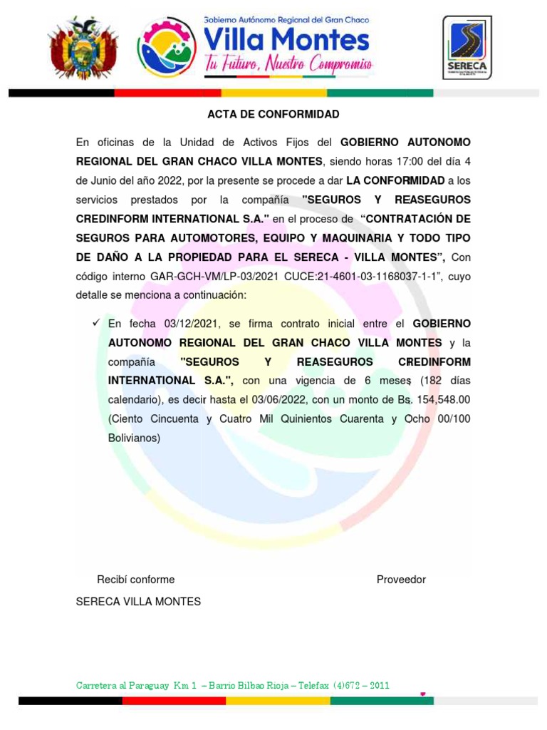 Conformidad de Contratación de Seguros SERECA | PDF | Negocios ...