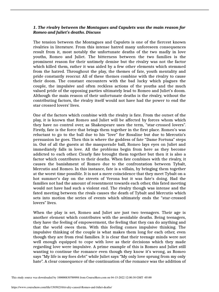 The Rivalry Between The Montagues and Capulets Was The Main Reason For ...
