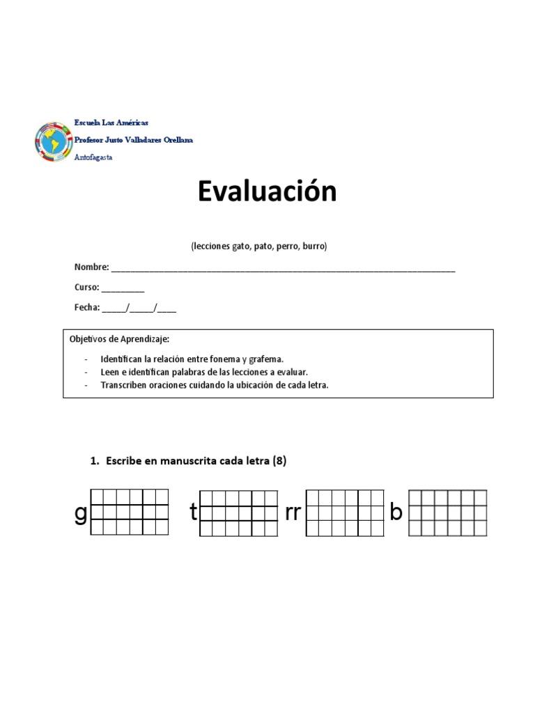 Evaluación letras gato pato perro burro | PDF