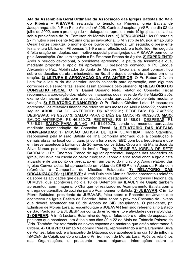 Ata Da Assembleia Geral Ordinaria - Julho 2022 | PDF | Batistas ...