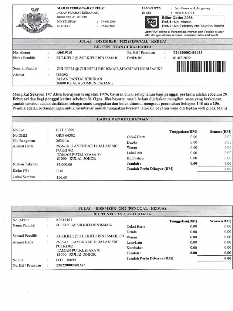 Bil Cukai Harta - Paid | PDF
