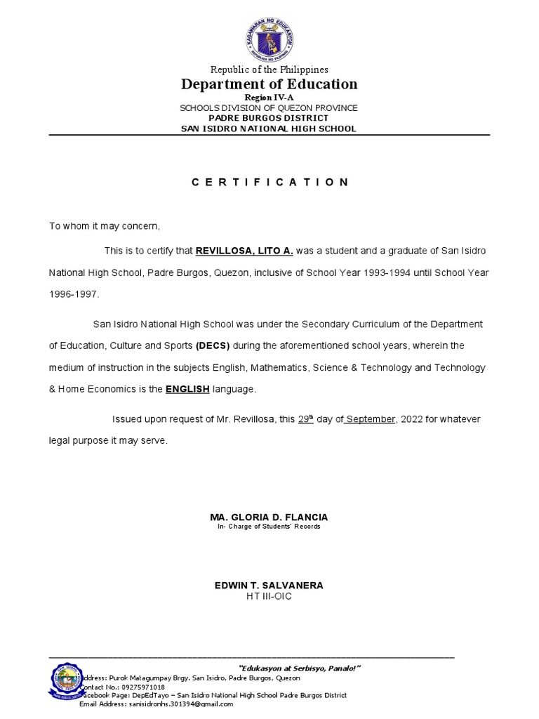 Cert of English Medium of Instruction | PDF