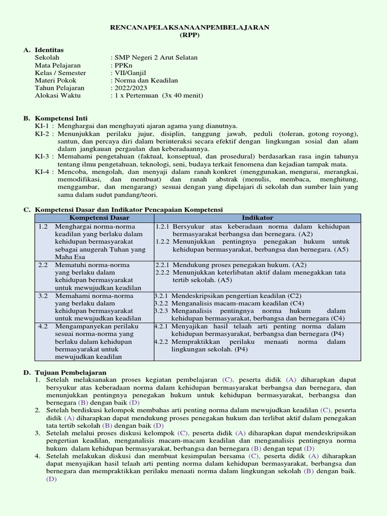 RPP Kelas VII Materi Norma Dan Keadilan Model PJBL | PDF | Karier & Perkembangan