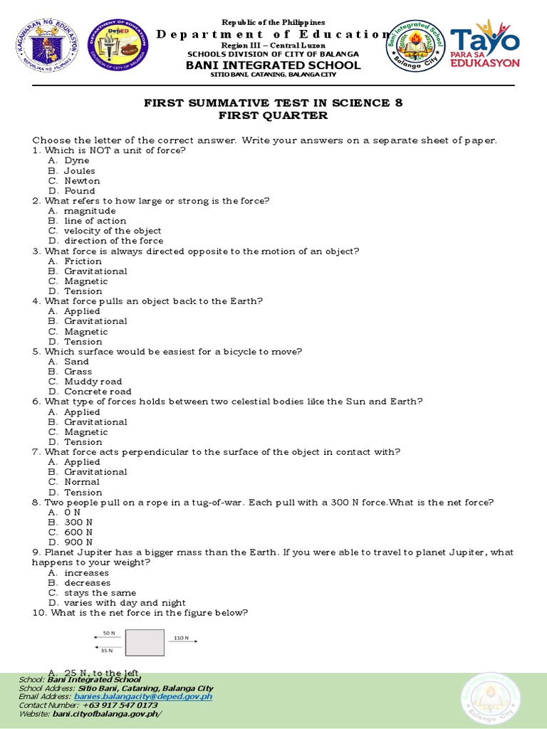 Science 8 Summative Test on Forces | PDF | Force | Weight