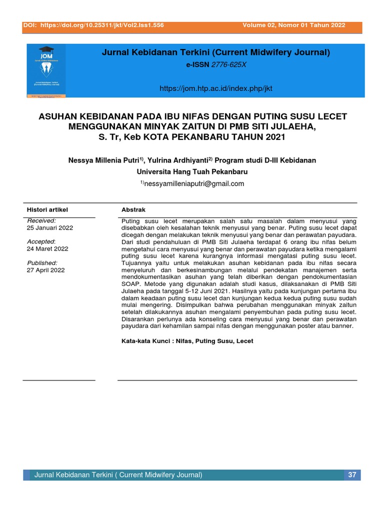 "Asuhan Kebidanan Pada Ibu Nifas Dengan Puting Susu Lecet Menggunakan Minyak Zaitun di PMB Siti ...