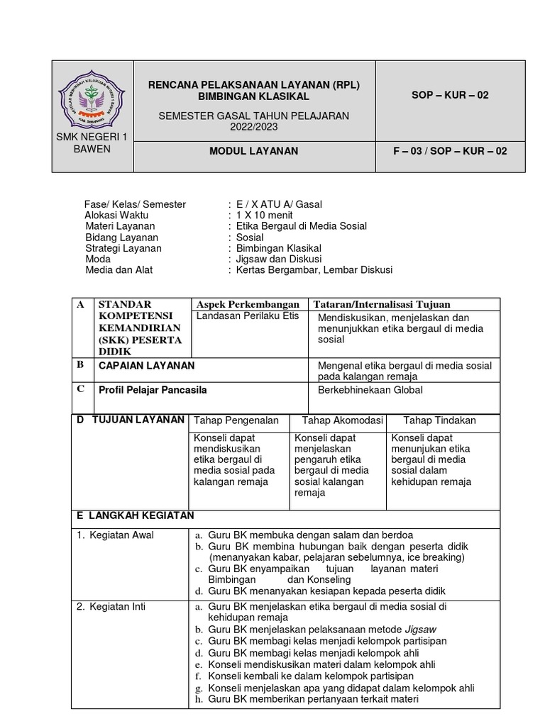 Rencana Pelaksanaan Layanan (RPL) Bimbingan Klasikal SOP - KUR - 02 ...