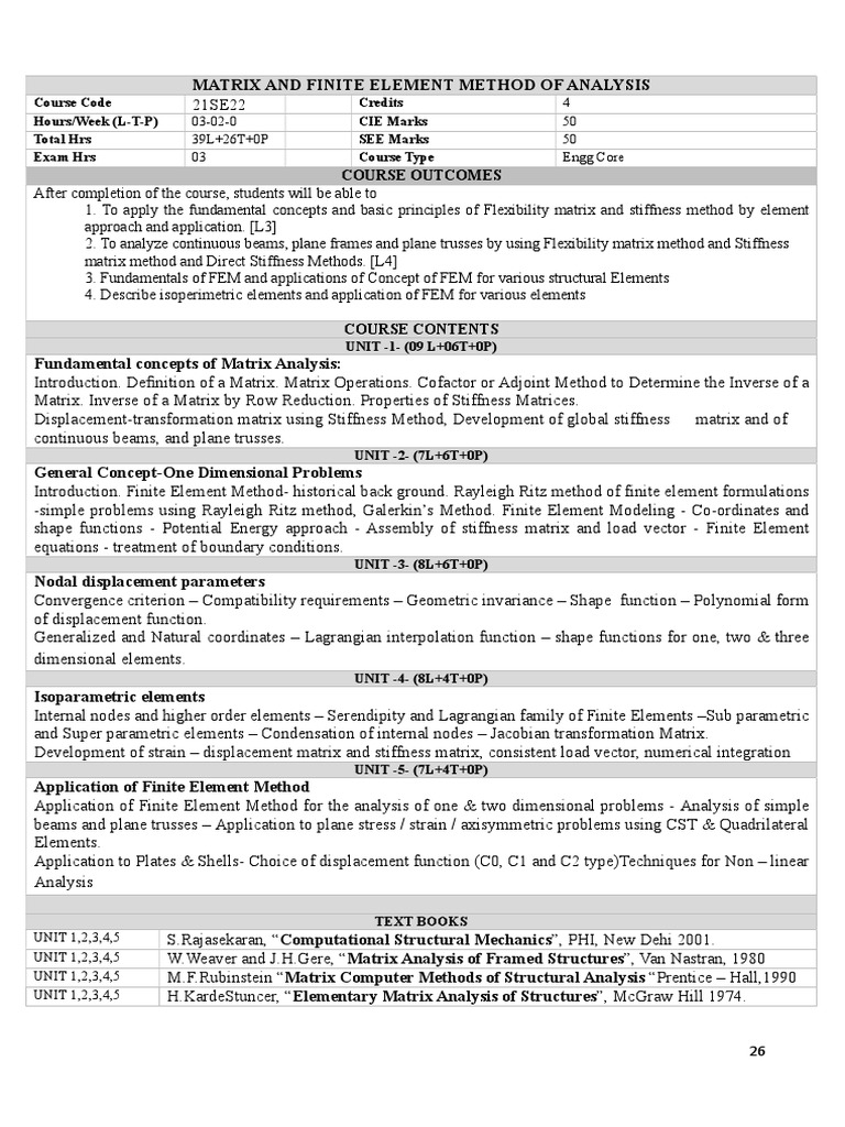 19SE22 - Syllabus - MATRIX AND FINITE ELEMENT METHOD OF ANALYSIS | PDF | Finite Element Method ...