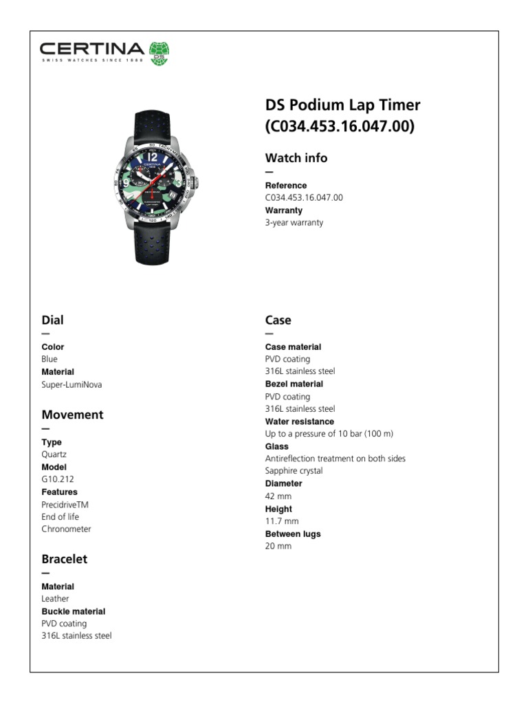 Certina Product Sheet DS PODIUM LAP TIMER C034.453.16.047.00 | PDF