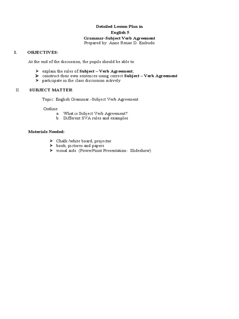 DLP For Subject Ver Agreement | PDF | Grammatical Number | Verb