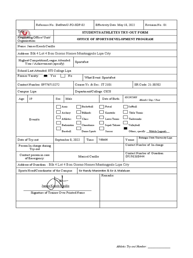 Student Athlete Try-Out Form | PDF