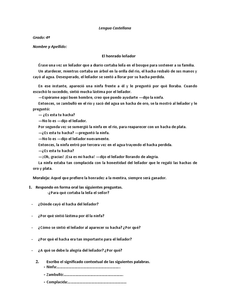 El Honrado Leñador: Cuento y Actividades | PDF | Alimentos