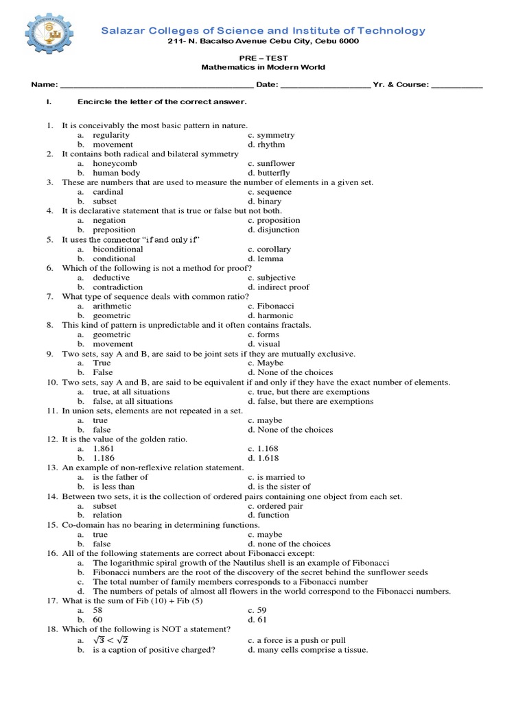 Pre Test in Modern World Mathematics | PDF | Mathematics | Mathematical ...