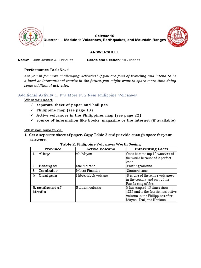 Science 10 Q1 Module 1 Performance Task No. 4 DONE | PDF | Philippines ...