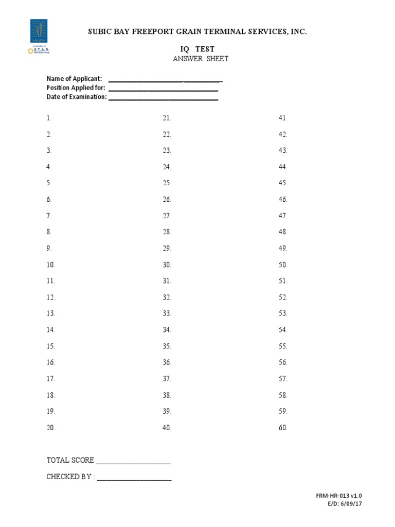 IQ Test Answer Sheet Template | PDF