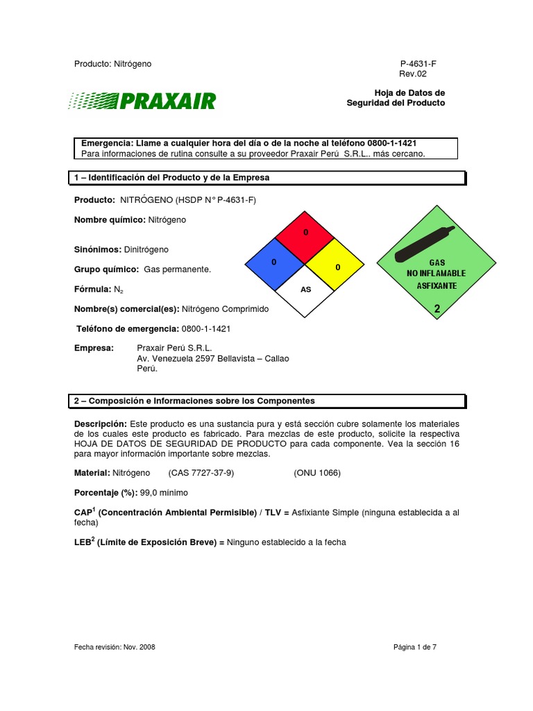 MSDS Nitrogeno Praxair | PDF | Oxígeno | Gases