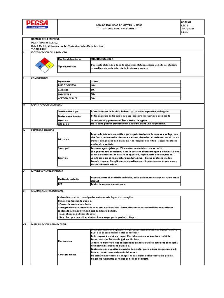 Msds-Superflex Thinner Estandar | PDF | Química