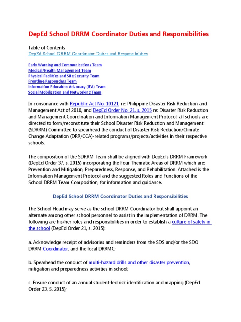 DepEd School DRRM Coordinator Duties and Responsibilities | PDF ... DepEd School DRRM Coordinator Duties and Responsibilities | PDF ...