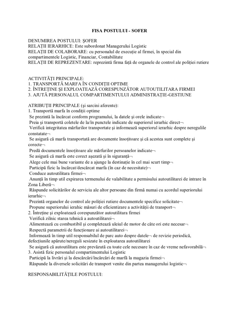 Fisa Postului Sofer | PDF