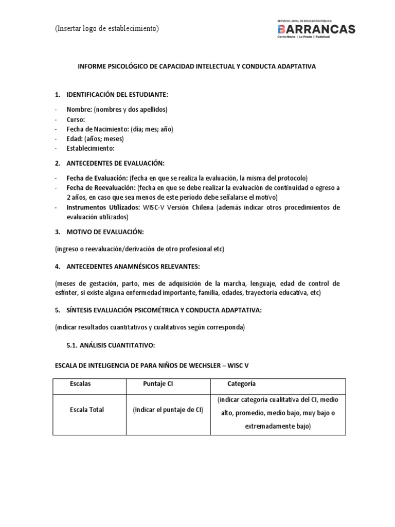 Informe Psicológico de Capacidad Intelectual y Conducta Adaptativa 2022 - Wisc V | PDF ...