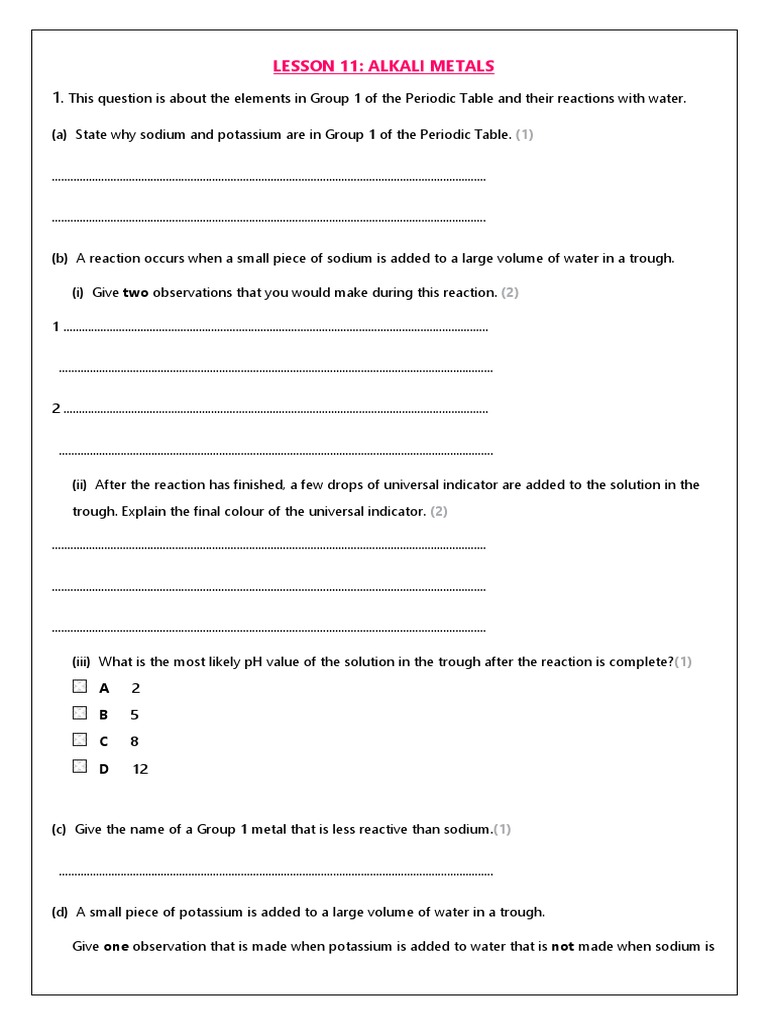 Topical Questions For Lesson 11 Alkali Metals | Download Free PDF ...
