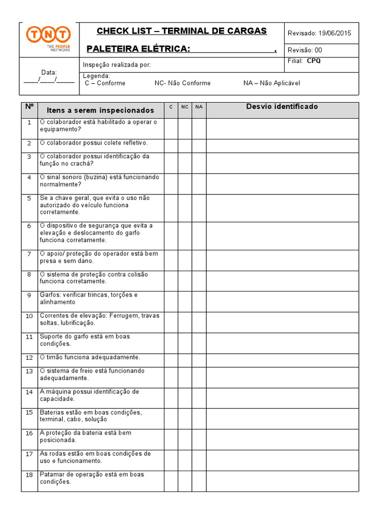 CHECK LIST - Paleteira Elétrica | PDF