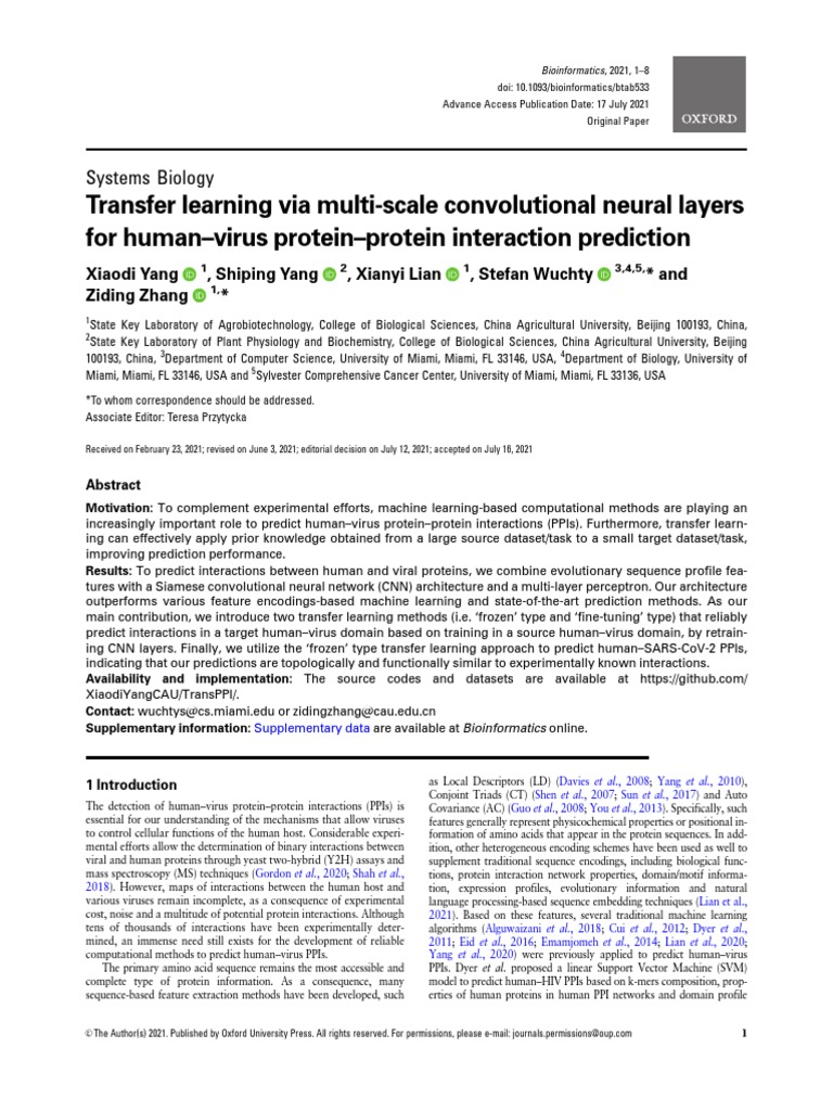 2021, Transfer Learning Via Multi-Scale Convolutional Neural Layers For Human-Virus Protein ...