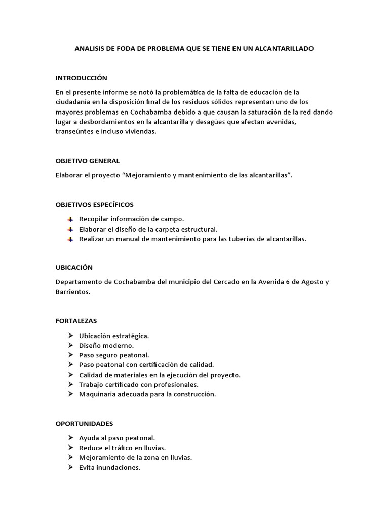 Analisis de Foda de Problema Que Se Tiene en Un Alcantarillado | PDF