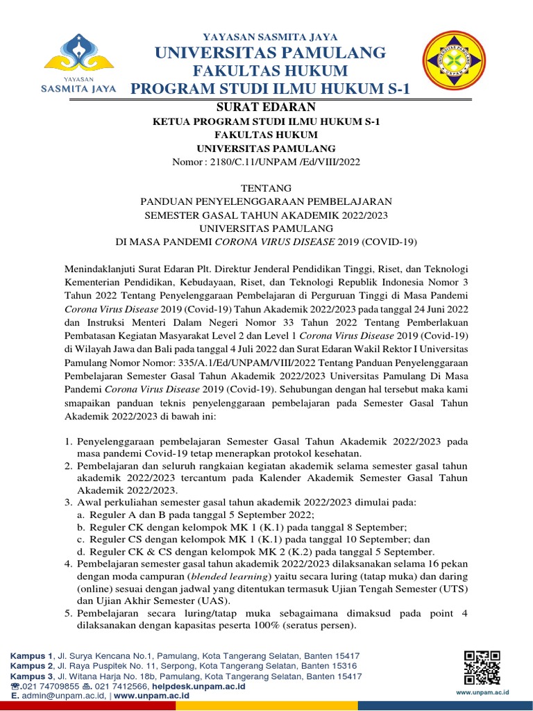 SURAT EDARAN Panduan Penyelenggaraan Pembelajaran GASAL 2022-2023 PRODI ILMU HUKUM S-1 FH UNPAM ...