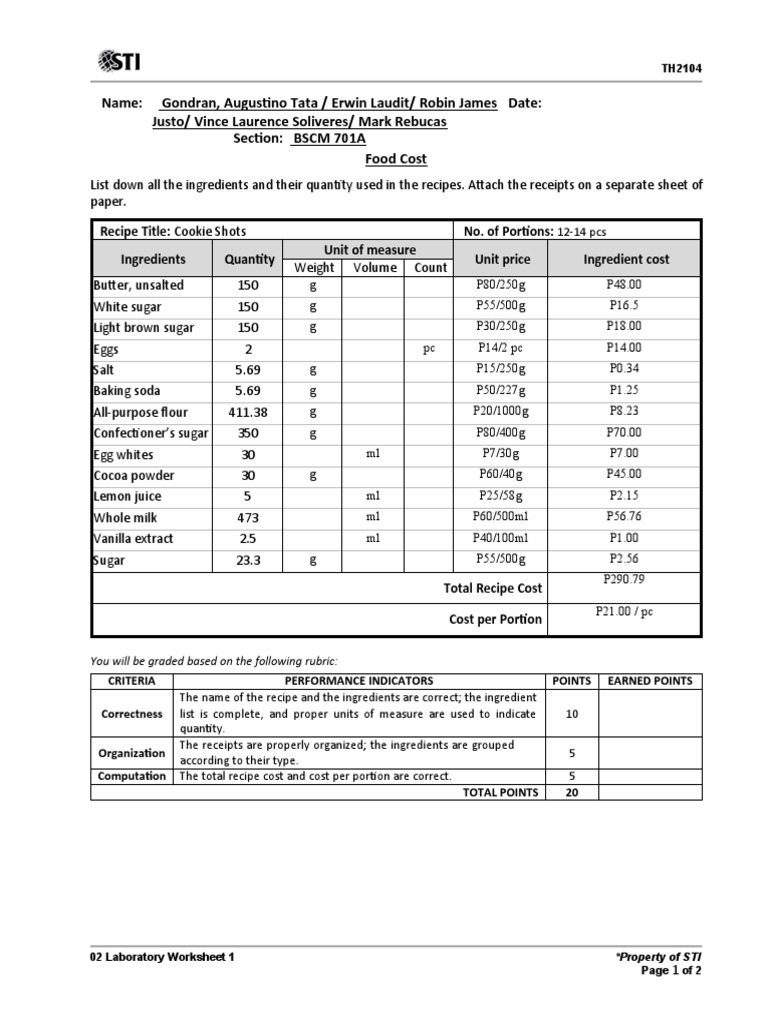 02 - Laboratory - Worksheet - 1 - Group 6 Cookie Shots | PDF | Food And ...
