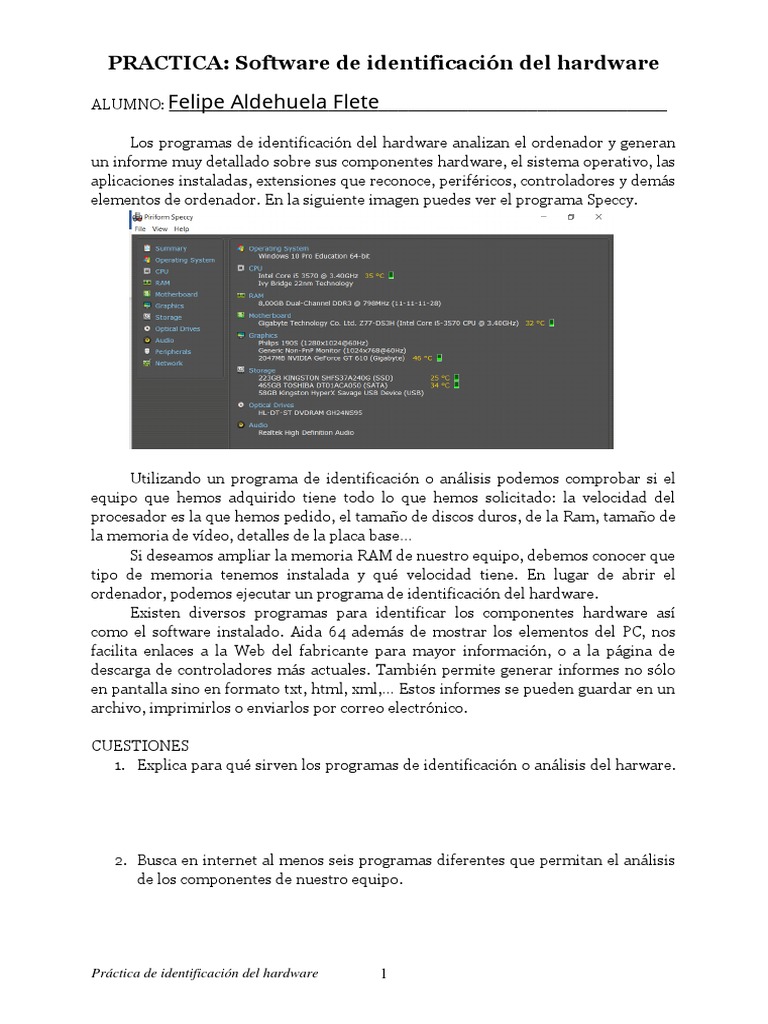 Práctica Identificación Del Hardware | PDF | Hardware de la computadora | Microprocesador