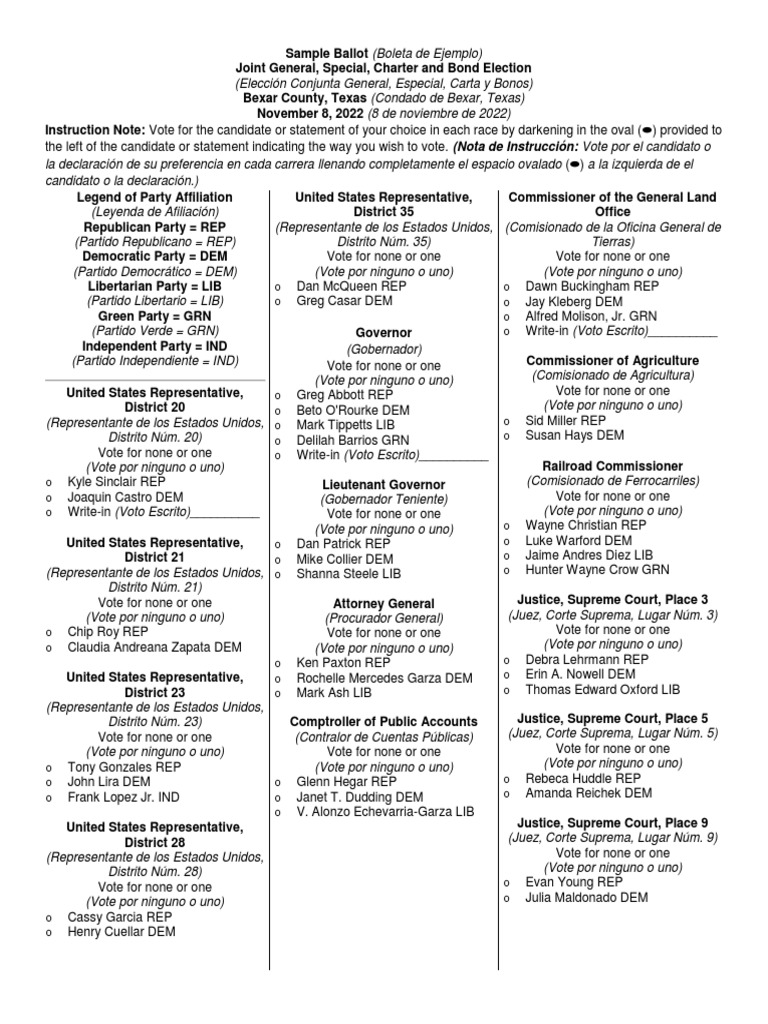 Sample Ballot Bexar County November 8, 2022 Election | PDF | Gobierno | Judicaturas