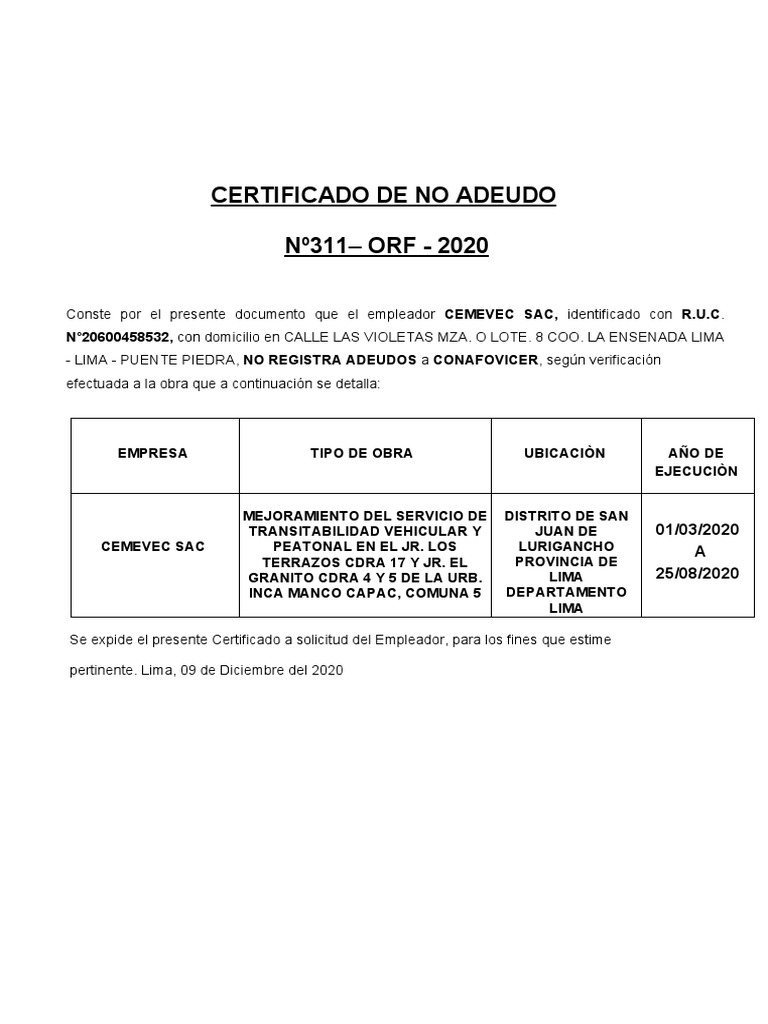 Certificado de No Adeudo N°311 - 20600458532 - Cemevec Sac - 2020 | PDF