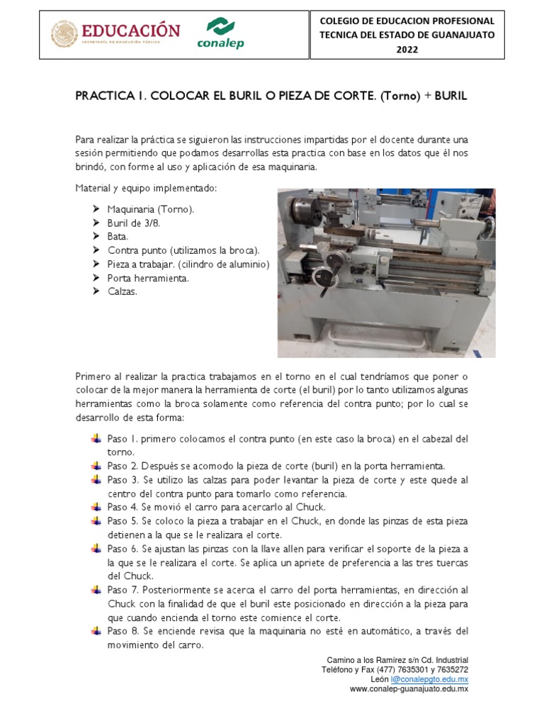 PRACTICA 1 - Colocar La Pieza de Corte (Torno) + Buril | PDF | Herramientas
