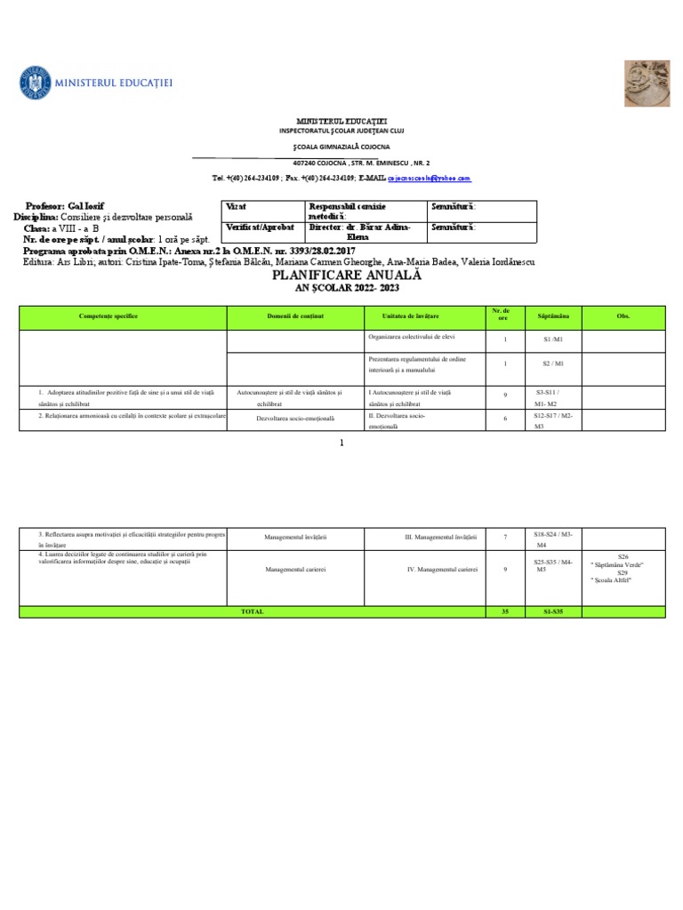 Planificare Dirigentie Cls 8 | PDF