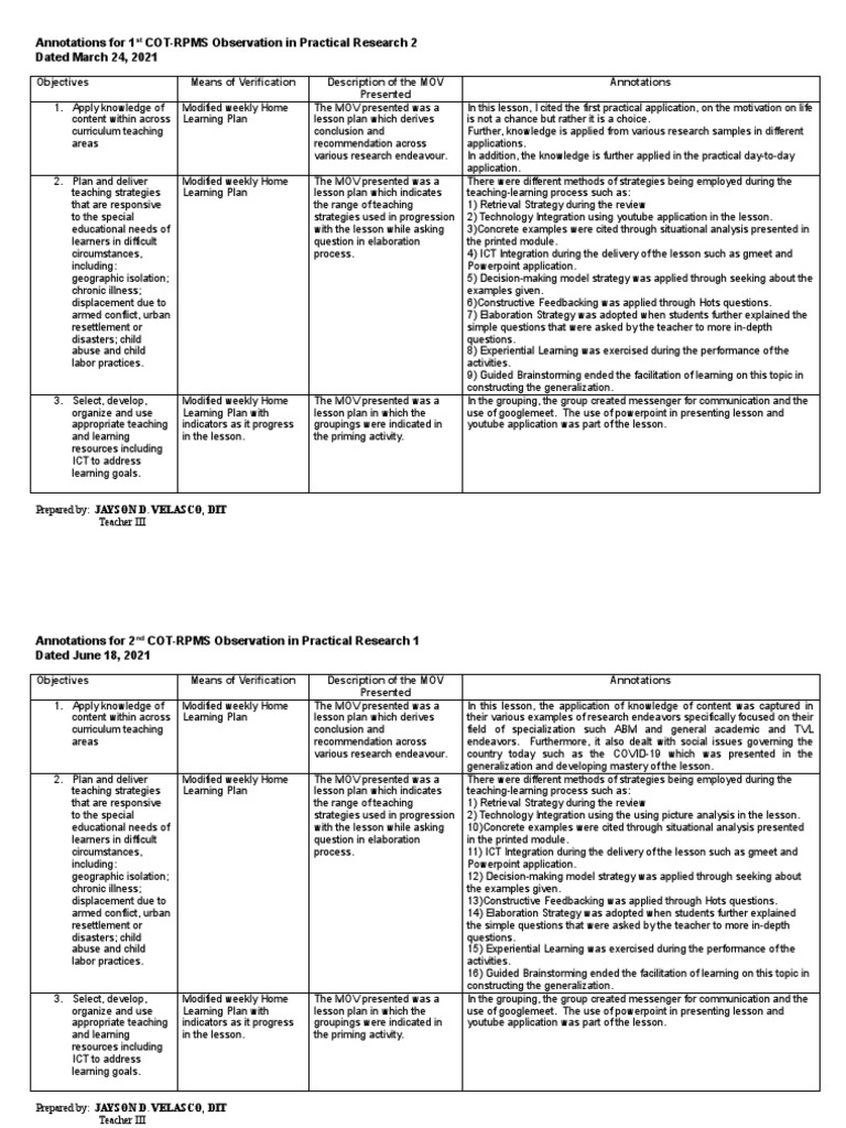 Annotation Template For COT Proficient Teacher | PDF | Teaching Method ...