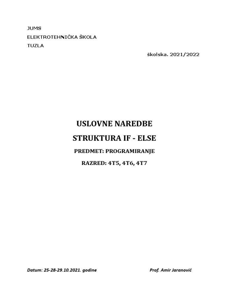 Uslovne (Uvjetne) Naredbe - Struktura If Else | PDF