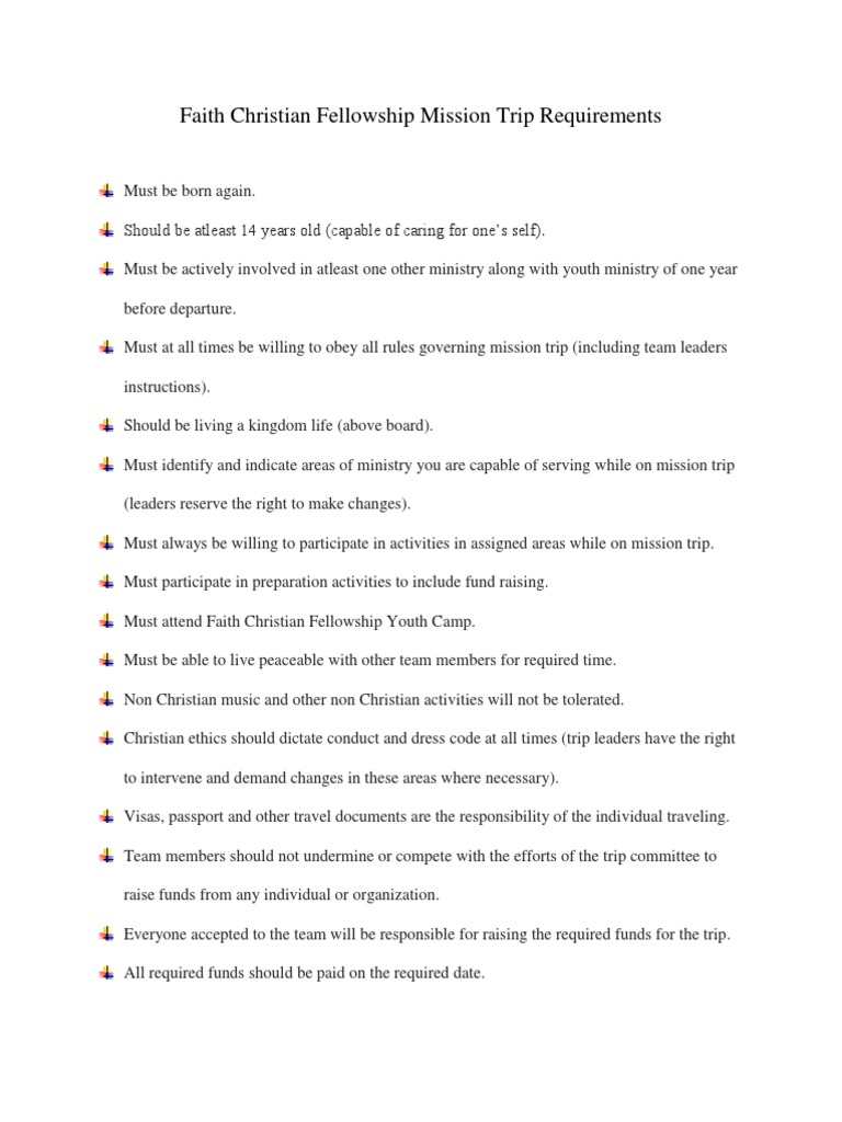 Faith Christian Fellowship Mission Trip Requirements | PDF | Career ...