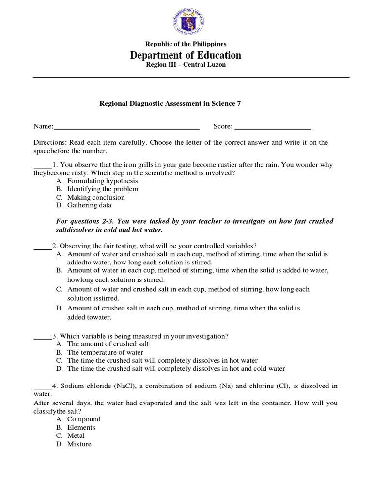 Science 7 - Test Questionnaire | PDF | Moon | Reproduction