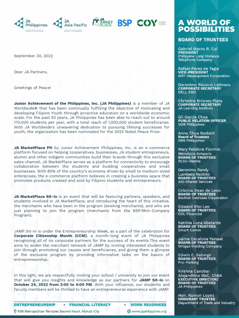 JAMP W BSP COY Letter To Partner School | PDF | Entrepreneurship | Business