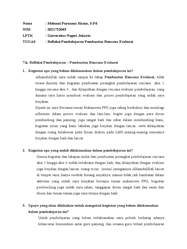 MELANNI PURNAMA HASAN 7k. Refleksi Pembelajaran - Pembuatan Rencana Evaluasi | PDF | Karier ...