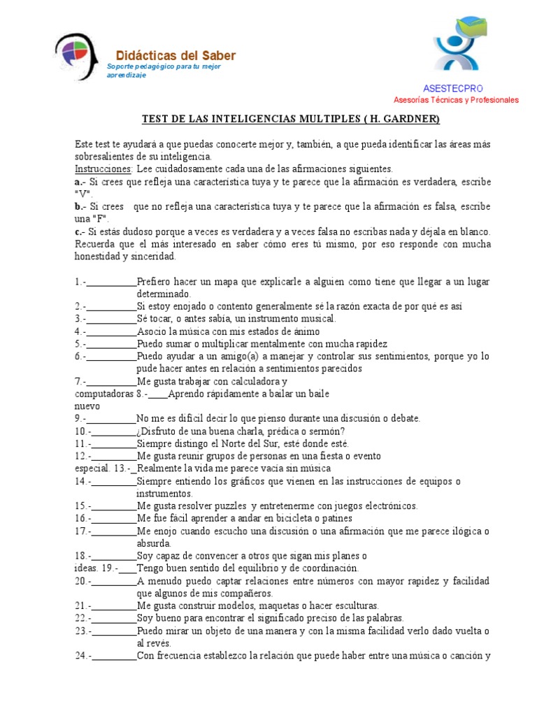 Test de Inteligencias Múltiples de Gardner | PDF | Inteligencia ...