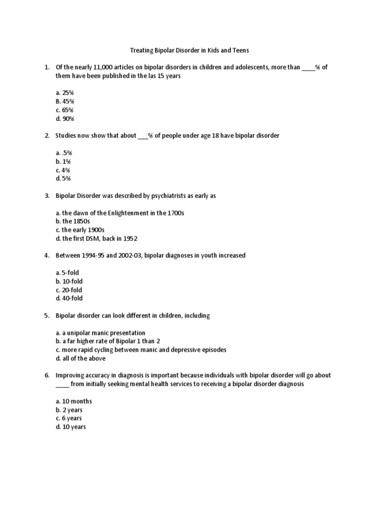 Bipolar Disorder Kids - Test Questions (1) | PDF
