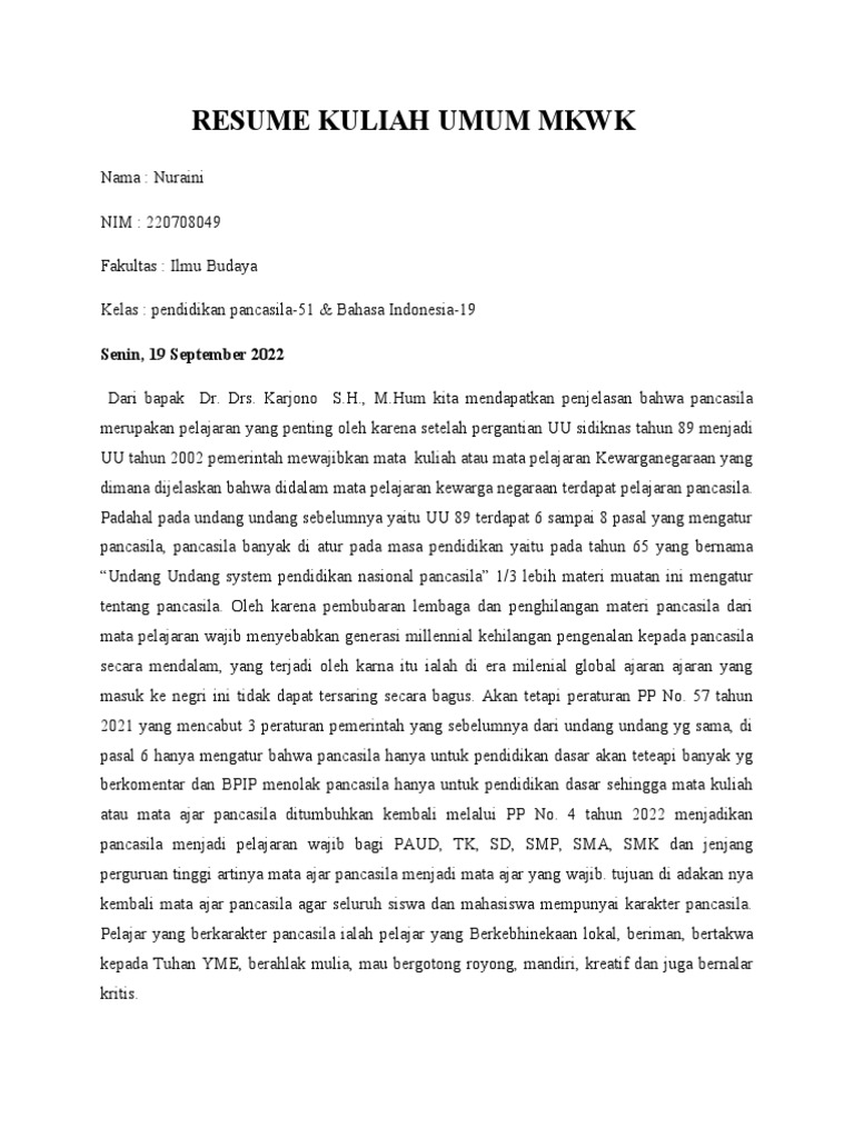 Resume Kuliah Umum MKWK | PDF