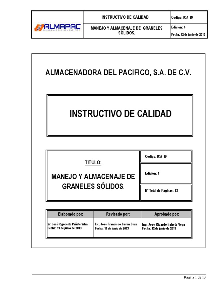 ICA-19 Manejo y Almacenaje de Graneles Sólidos E-4 | PDF | Transporte ...